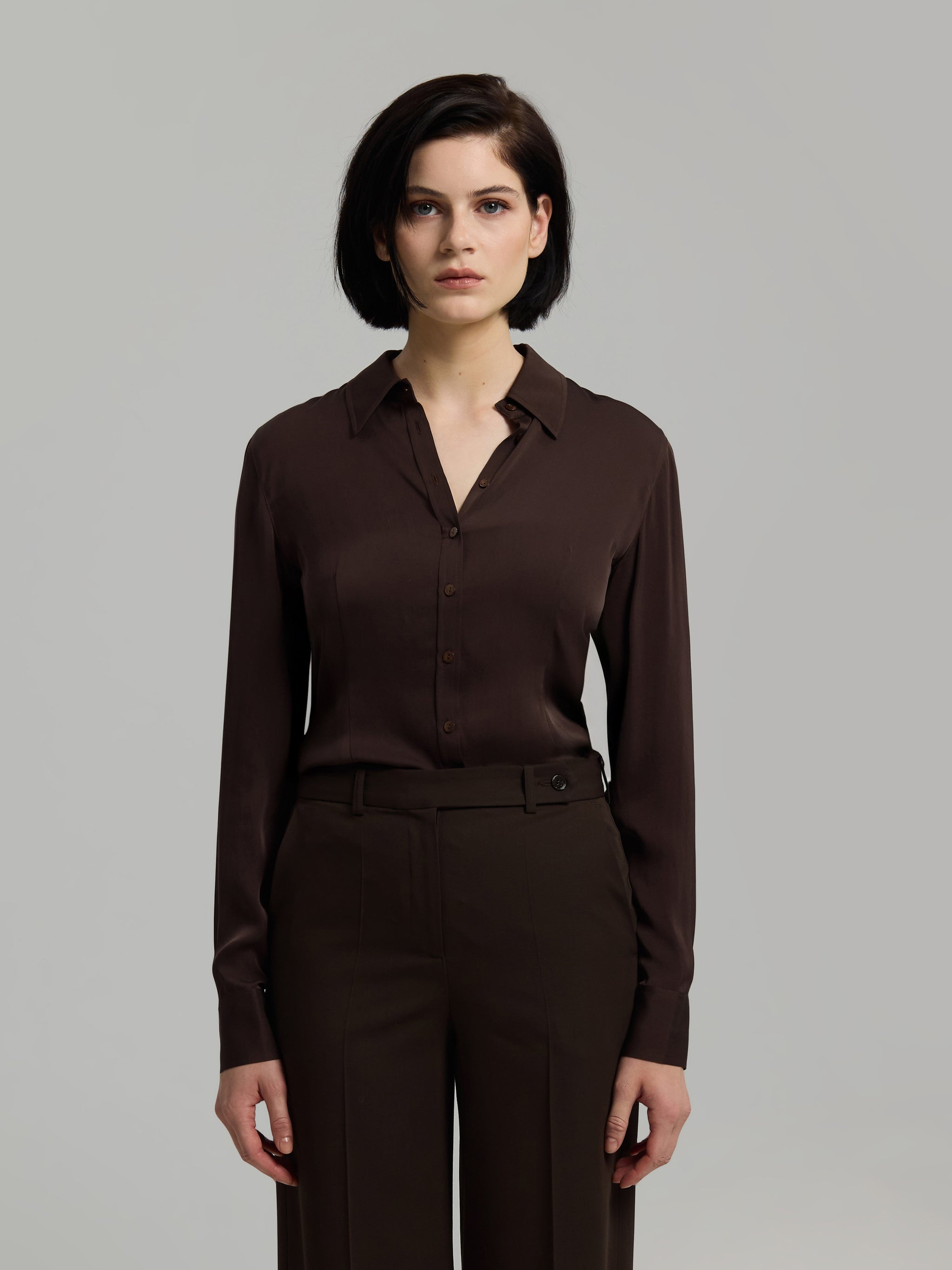 Lilith Mocha Brown Shirt in Streatchable Silk Blend – Andiata