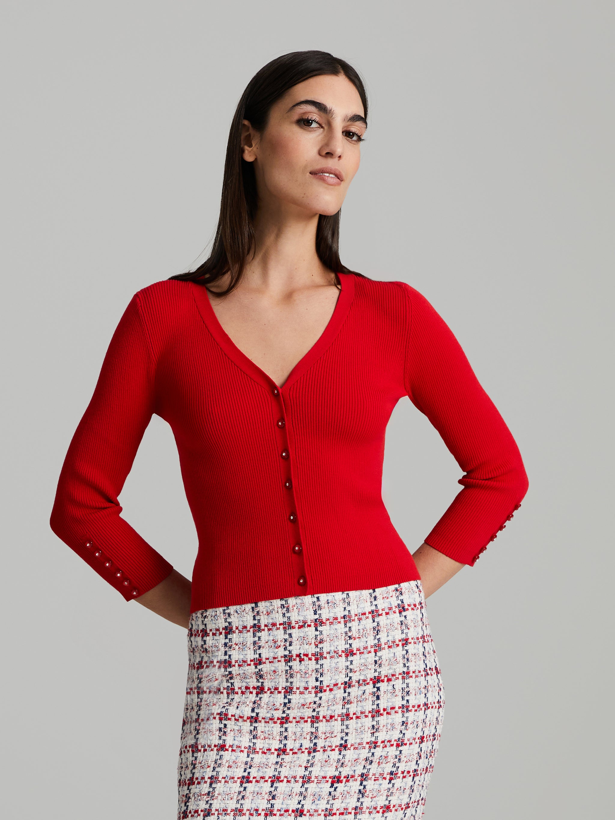 Stacie Red Rib-Knit Cardigan- Andiata – Andiata